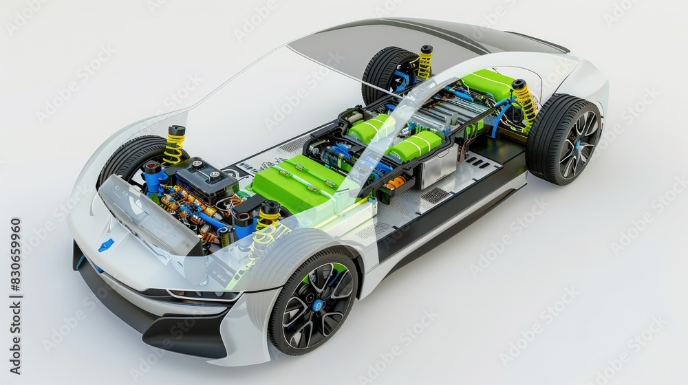 Electric car (generic model) technical cutaway 3d rendering with all ...