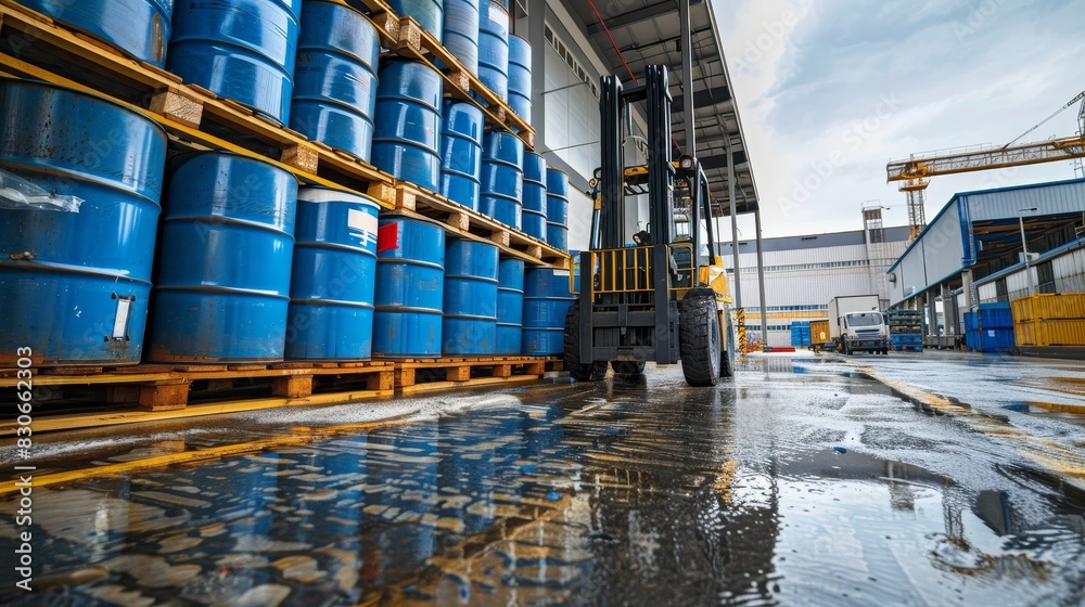 Forklift loading blue chemical drums onto a truck, drums on wooden ...