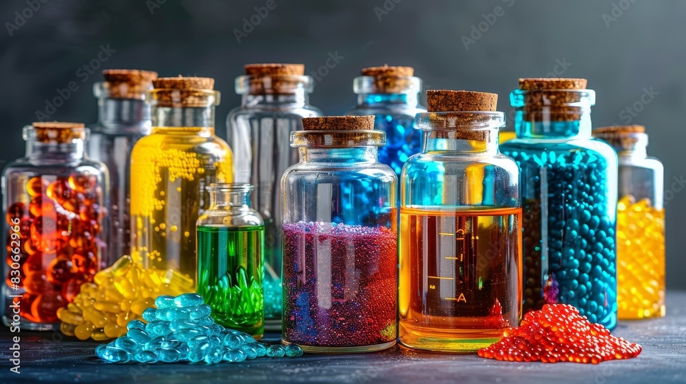 Multiple jars with vibrant chemical substances, all clearly labeled ...