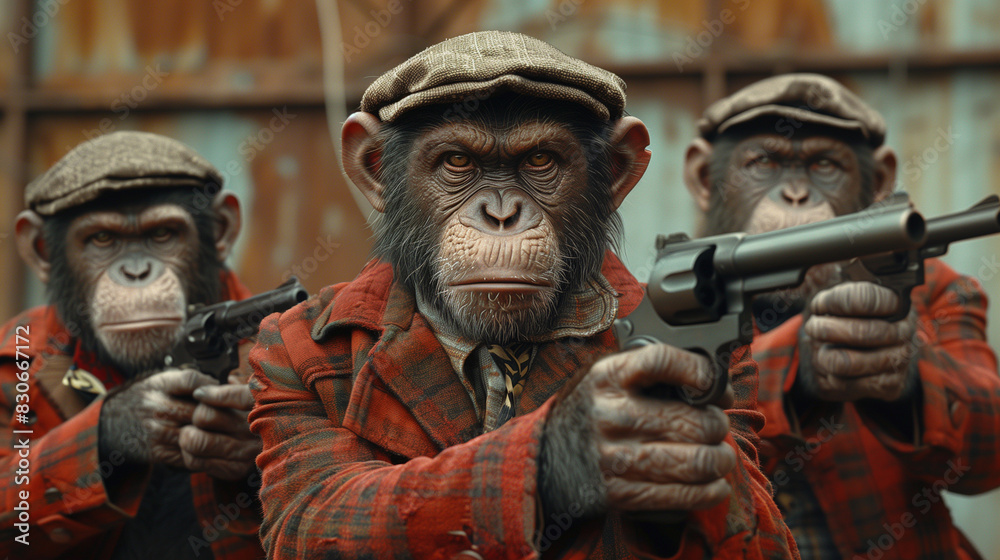 Monkey Gang with Weapons - A group of monkeys in gangster outfits, each holding different types ...