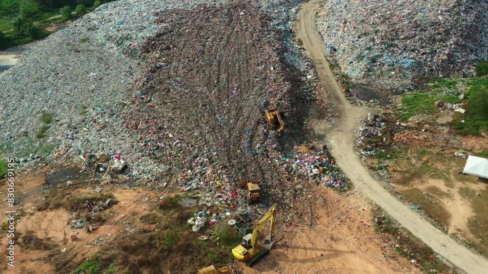 Drone flyover a massive abandoned sanitary landfill with large piles of ...