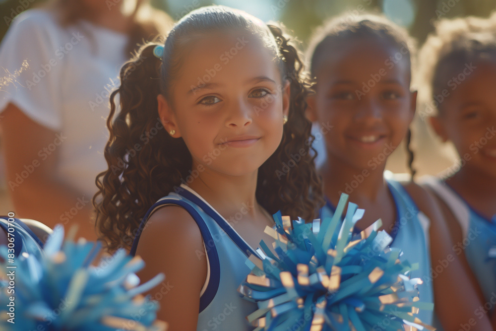 Girl with natural curly hair in cheerleading uniform with pompoms ...
