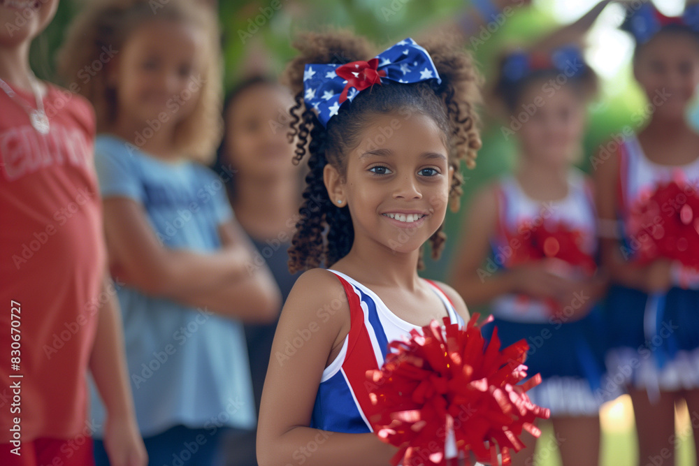 Girl with natural curly hair in cheerleading uniform with pompoms ...