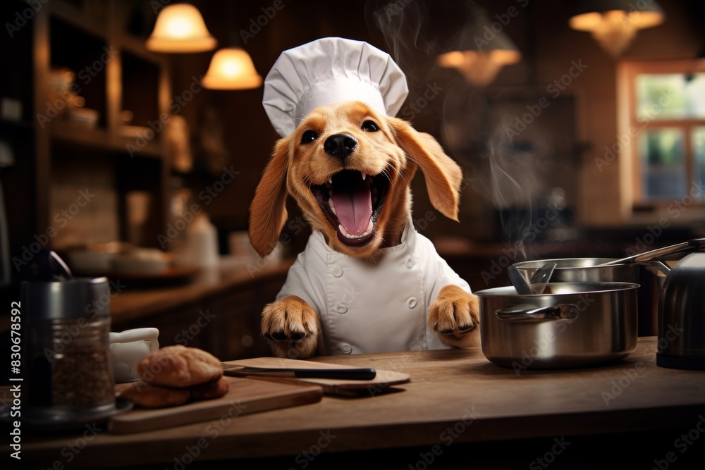 Adorable and joyful dog in a chef s outfit, playfully donning a chef s ...