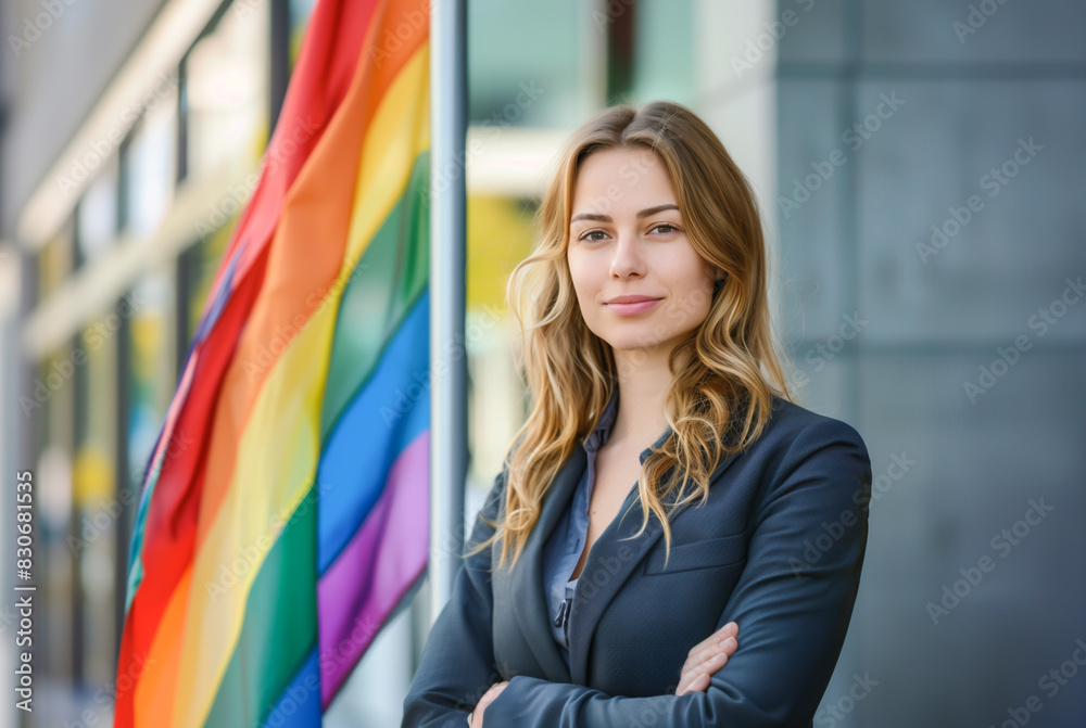 LGBTQ businesswoman, wearing a business suit, standing in line and ...