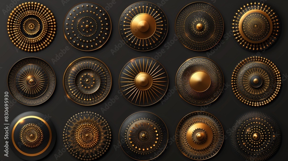 An art deco set of linear circles and linear round symbols, decorative ...