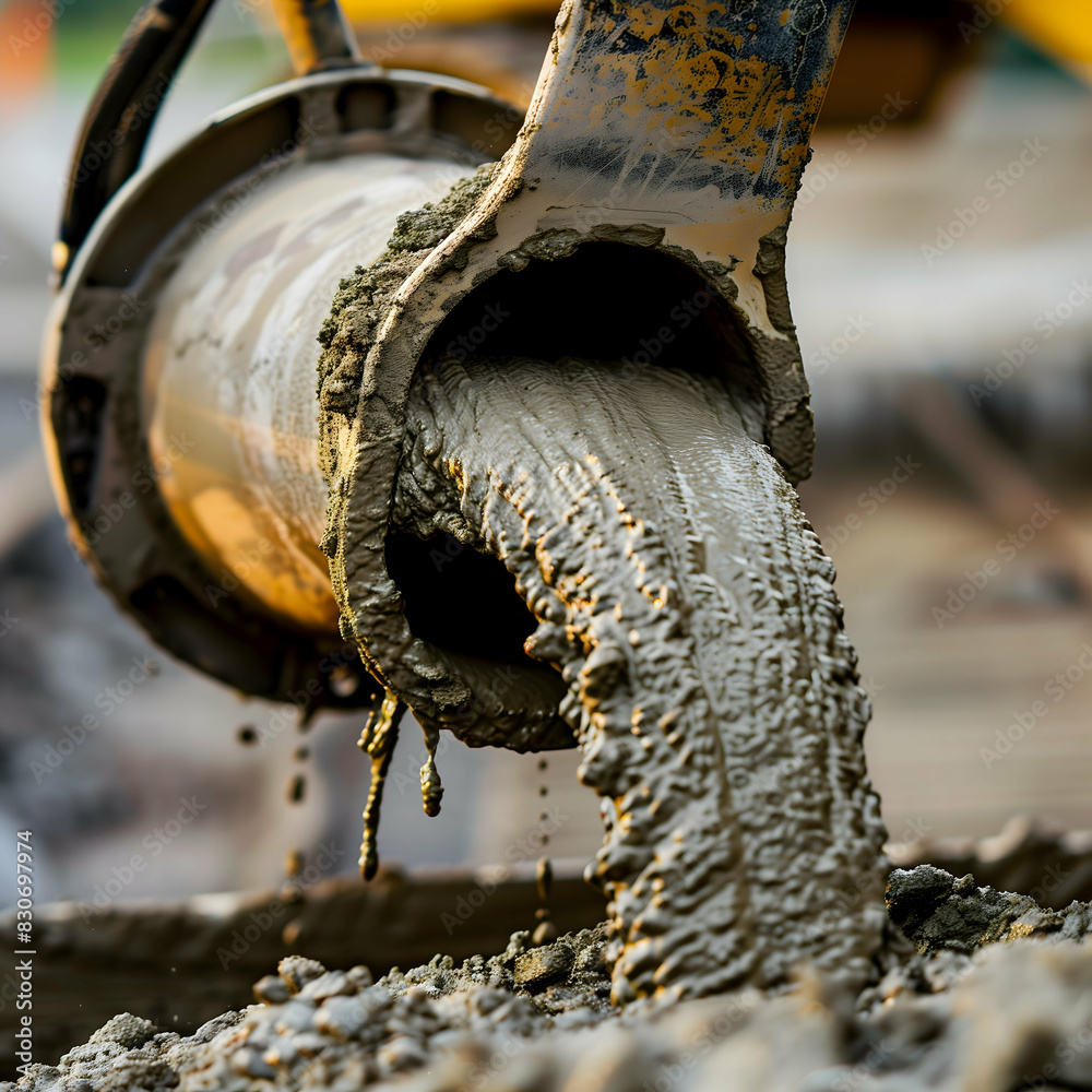 Fresh concrete pouring from a mixer at a construction site ...
