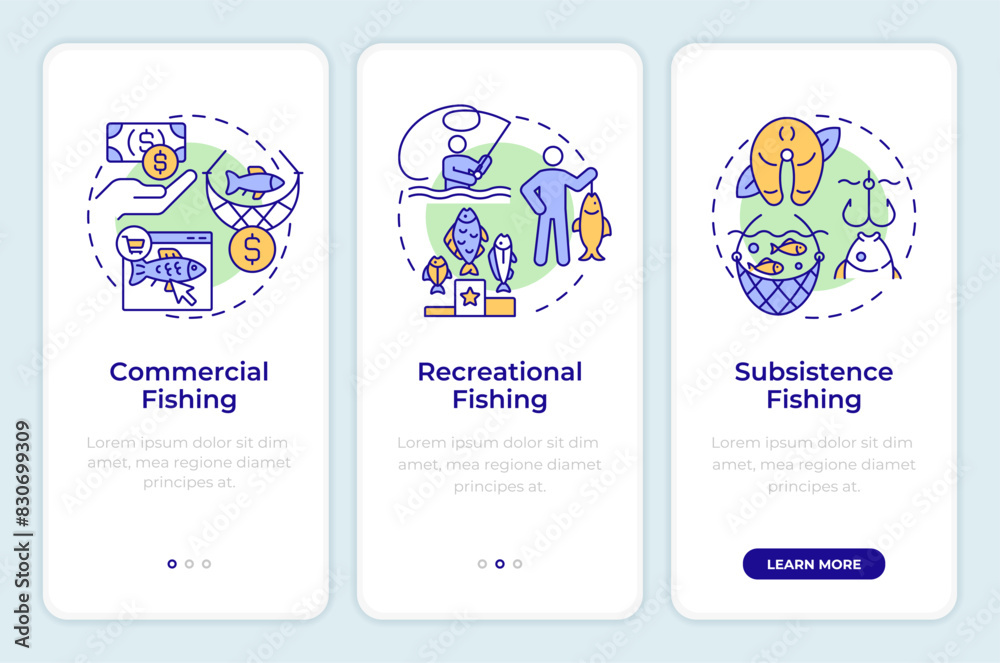 Types of fishing onboarding mobile app screen. Walkthrough 3 steps ...