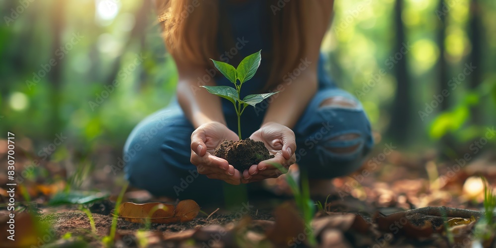 Hands gently plant a young tree seedling into the forest soil ...