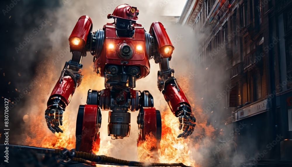 A red firefighting robot battling intense flames on a smoke-filled ...