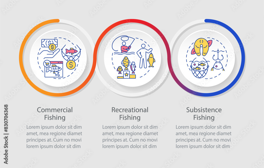 Types of fisheries loop infographic template. Commercial fishing. Data ...