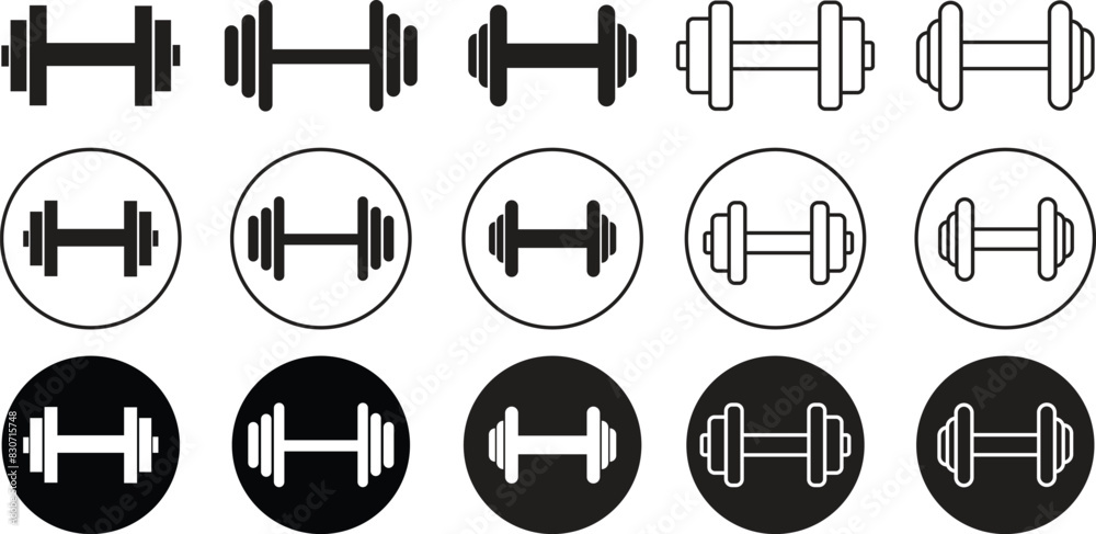 Set of Gym heavy strength training dumbbells pictogram. Weight lifting dumbbell signs editable ...
