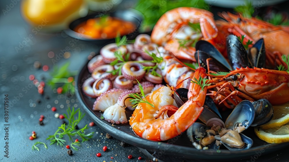 Seafood platter for 2-4 persons. Lobster, octopus, blue mussels ...