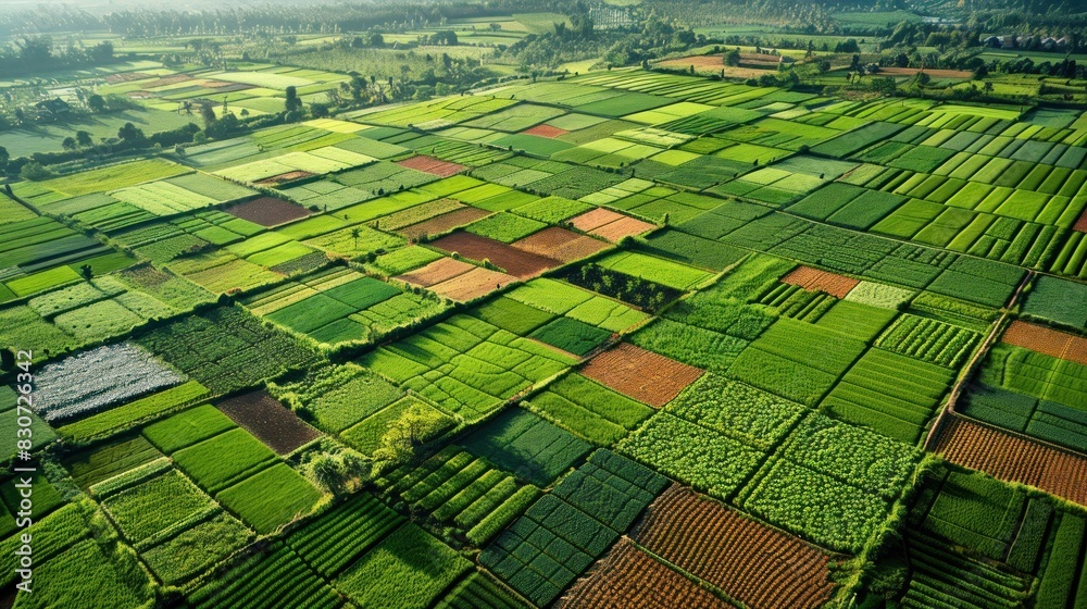 High-angle view of intricately patterned cultivation areas ...