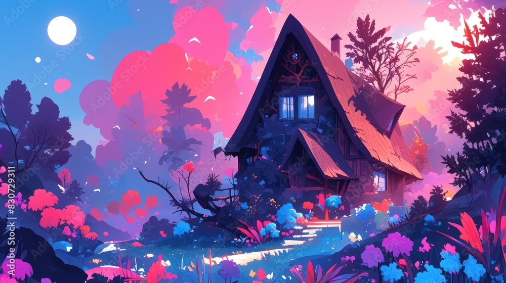 Illustration of a country house set against a backdrop of vibrant blue ...
