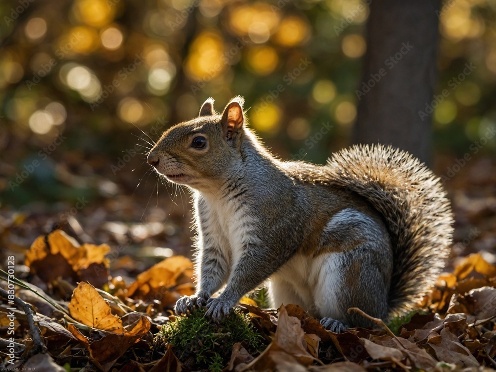 Squirrel perches on forest floor amid fallen leaves, bathed in dappled ...