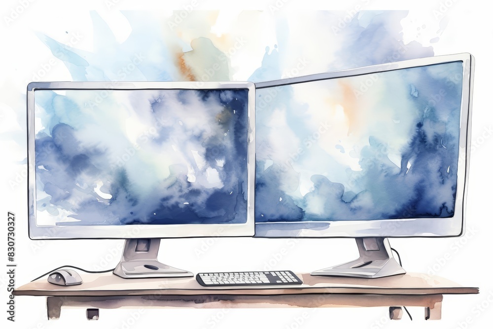 Set of water color of a desktop computer, with dual monitors, in a ...
