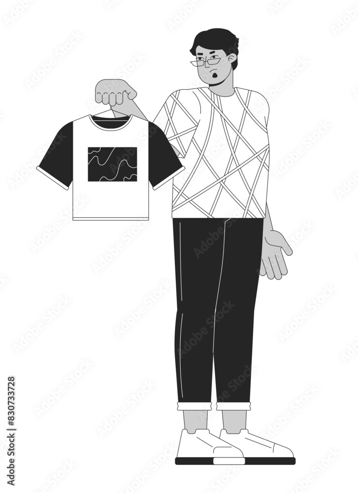 Arab man displeased by new t shirt black and white 2D line cartoon ...