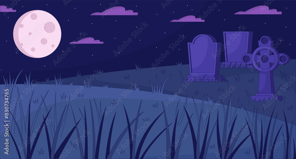 Old cemetery at full moon 2D cartoon background. Ancient gravestones on ...