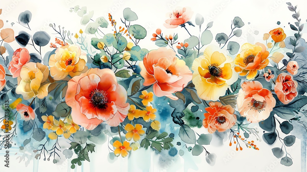 Watercolor painting of a floral border with orange and yellow flowers ...