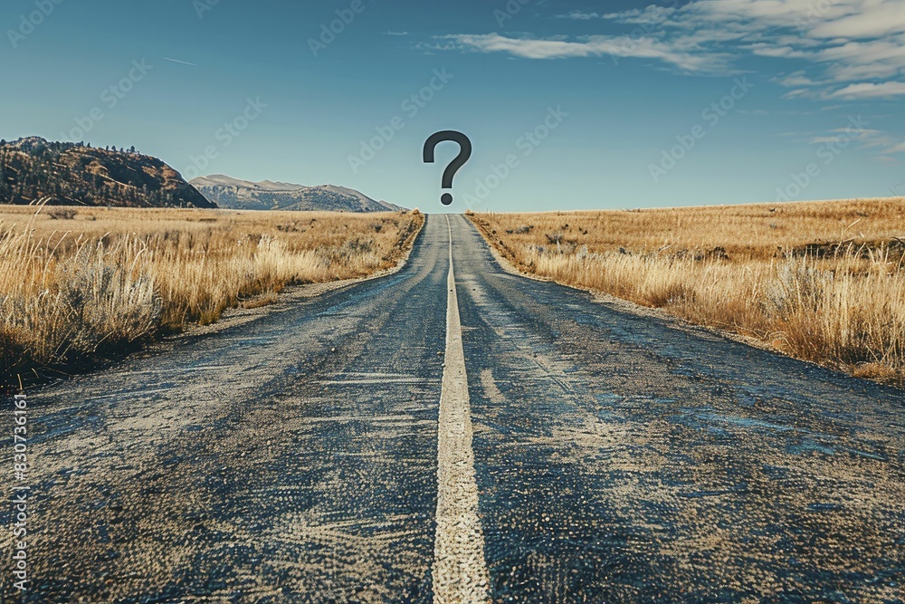 The road ahead leads to a massive question mark, minimal style, empty road, question mark at the ...