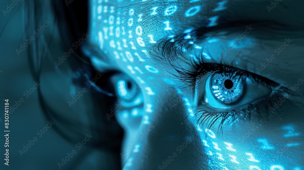 Female eyes illuminated with binary code projections closeup image. Woman blue eyes close up ...