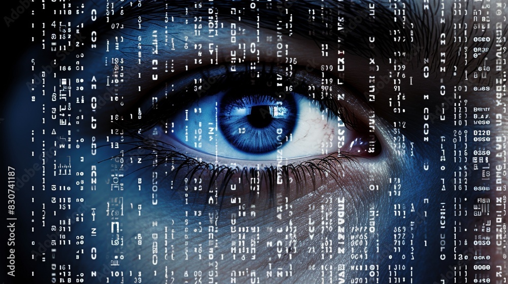 Female eye with digital overlay of code and numbers closeup image ...