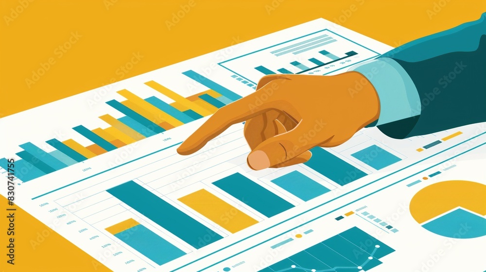 Suit hand pointing to charts on document 2D illustration. Analyzing ...