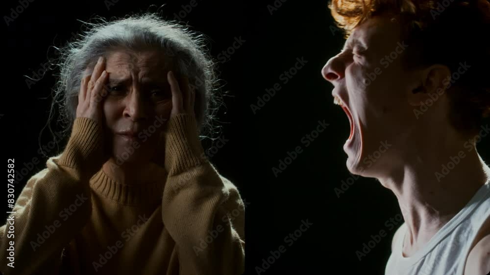Split screen of studio portraits of Caucasian man going through anger ...