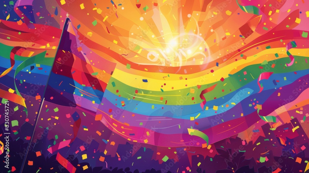 An illustration of an LGBTQ banner, vibrant rainbow colors, 2D flat ...