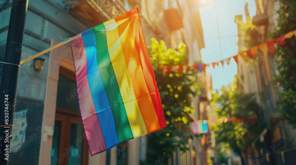 rainbow flag on a flagpole hanging on a wall against the background of ...