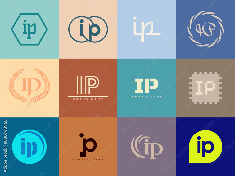 IP logo company template. Letter i and p logotype. Set different ...