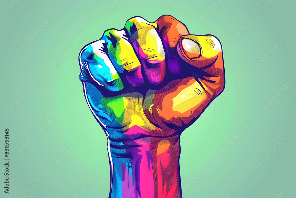 Rainbow colored hand with a fist raised up. Gay Pride. LGBT concept ...