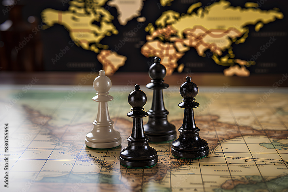 Geopolitics concept image with two chess pieces on a world map ...