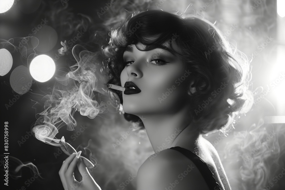 1920s Flapper Portrait with Cigarette Smoke in Classic Room Stock Photo ...