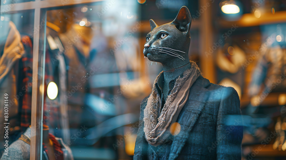 cat mannequin in clothes. A mannequin stands full length in a pet store ...