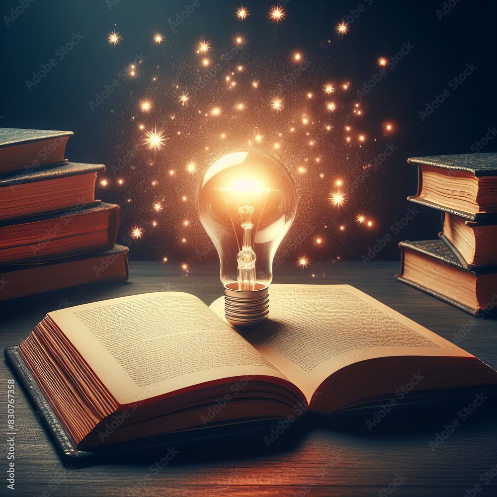 An illuminated light bulb placed over an open book surrounded by glowing sparkles, symbolizing ...