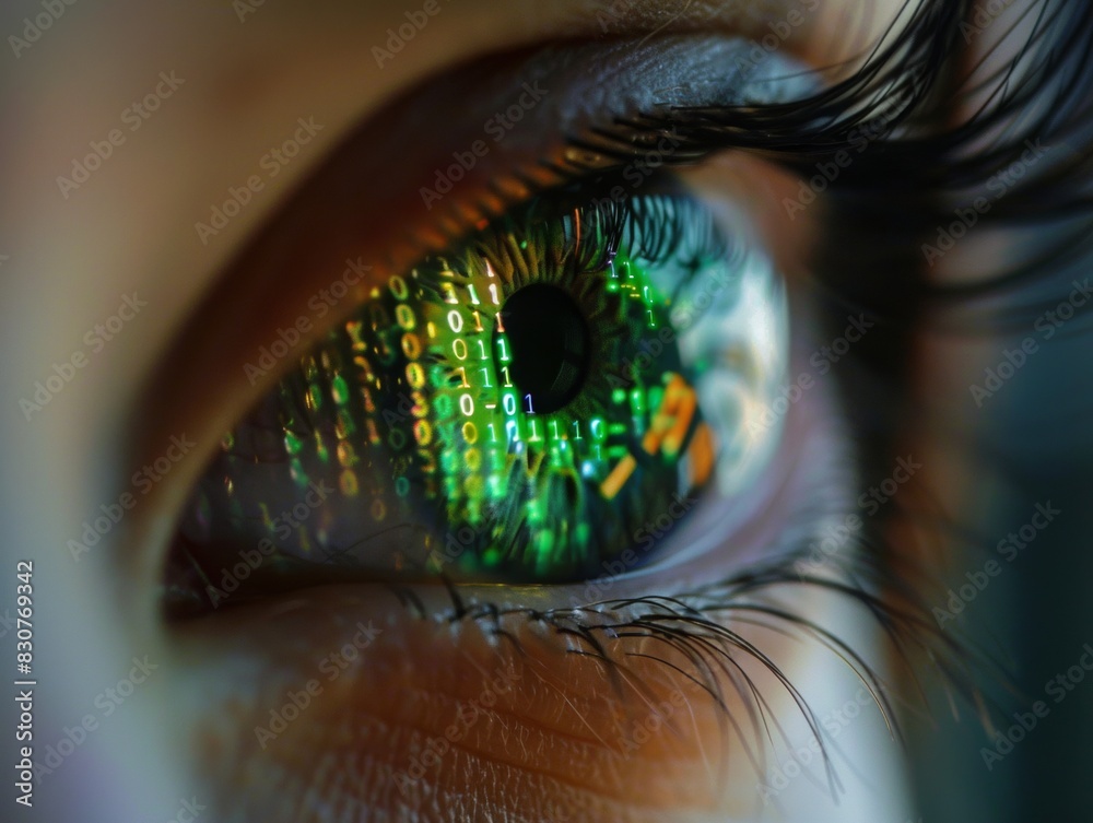Person's eyes with reflection of binary code It symbolizes the ...