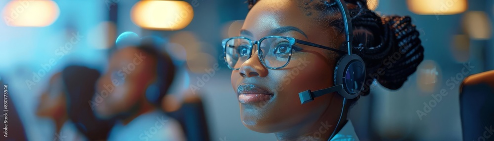 A customer service representative training a new employee, close up ...
