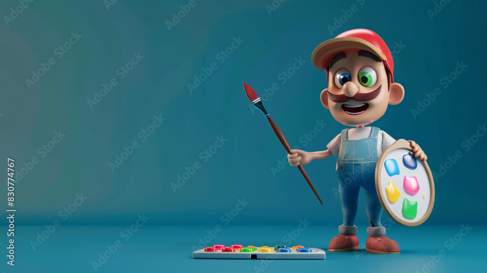3D Artist:The cartoon artist mascot holds a paintbrush and palette ...