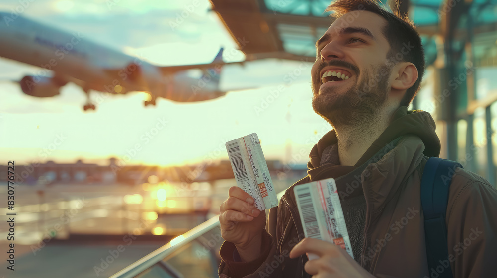 smiling man holds plane tickets in his hands at the airport, flight ...