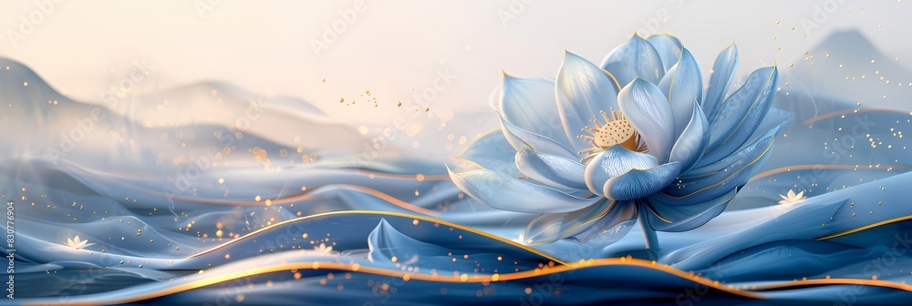 Asian background with blue and gold lotus flower, leaves and buds ...