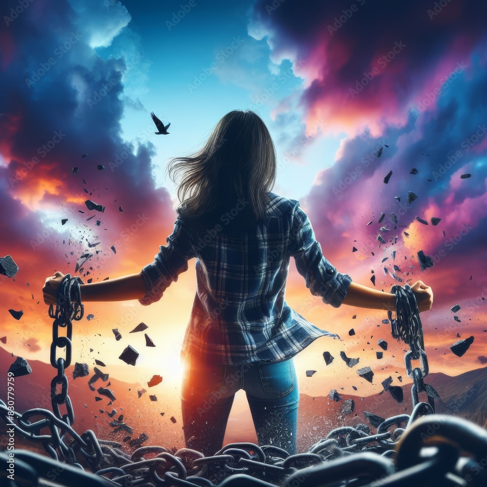 Dramatic scene of a woman breaking free from chains against a vibrant ...