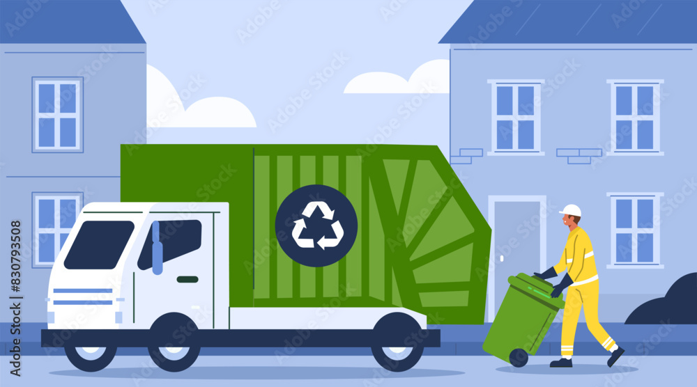 Trash utility, disposal and recycling concept. Waste collector worker ...