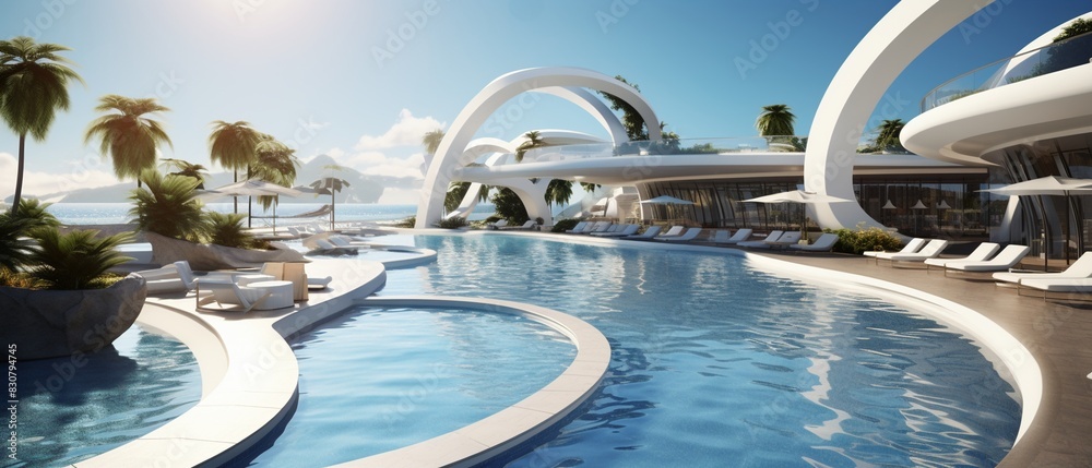 Futuristic resort with AI amenities, 3D swim area under bright sunshine ...