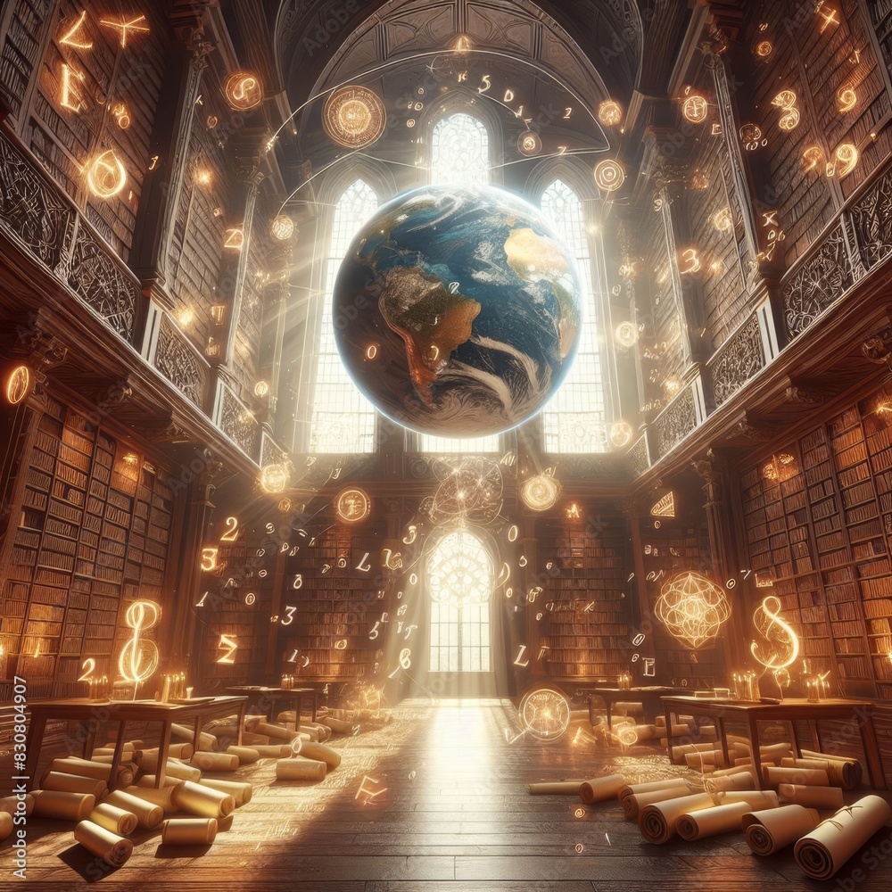 An enchanted library scene with floating books and a glowing Earth globe under celestial ...