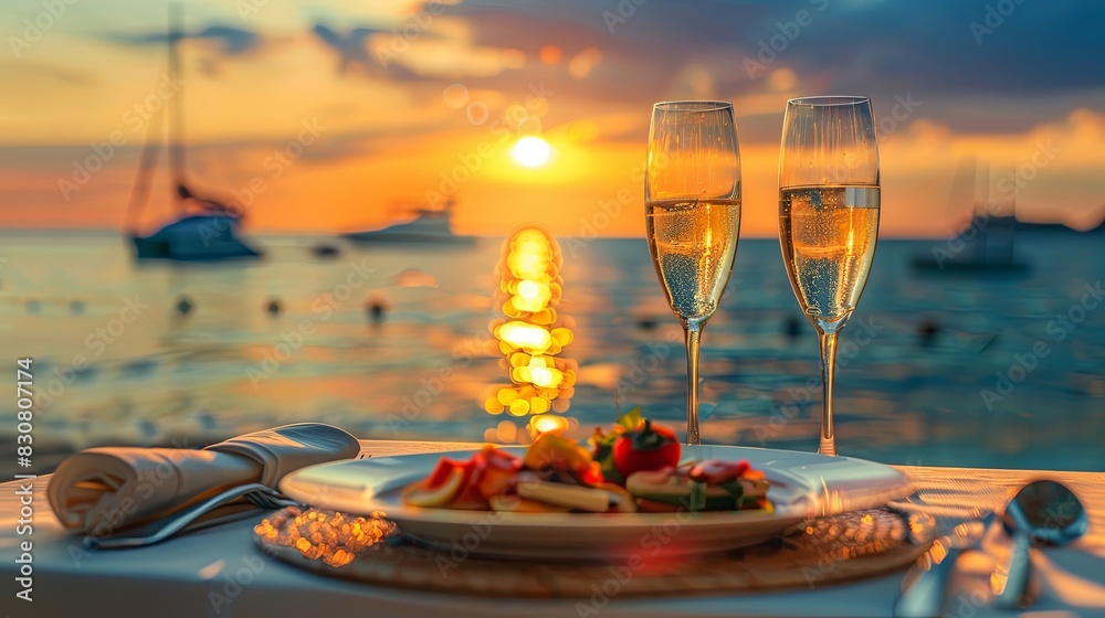 Romantic sunset dinner on beach. Table honeymoon set for two with ...