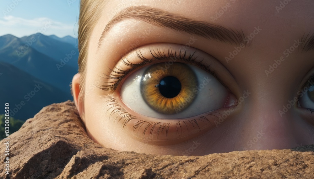 An extreme close-up of a human eye with a golden iris, partially ...