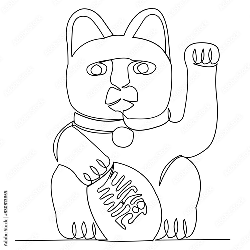 continuous single drawn one line Maneki-neko drawn from the hand a ...
