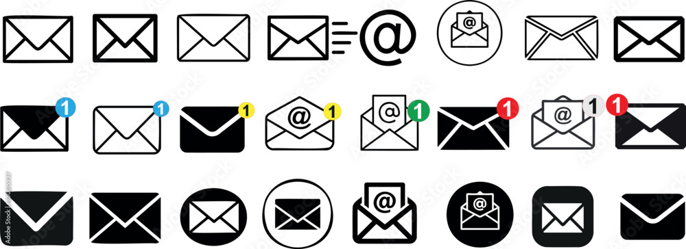 Email icon vector set features envelopes, notifications, and at symbols ...
